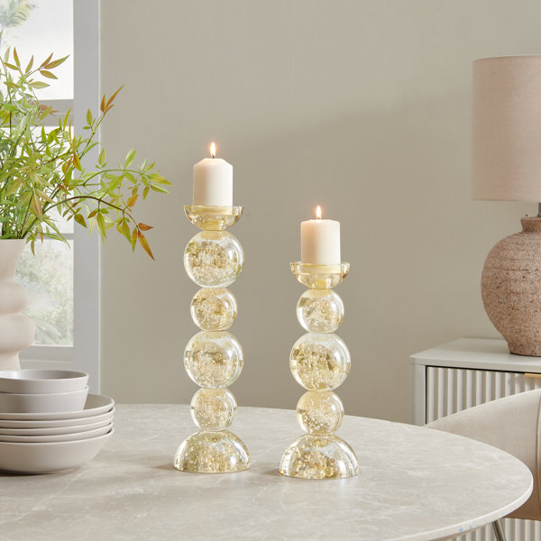 Mercer41 Enya Champagne Gold Tint Bubble Glass Stacked Orb Pillar Candle Holder Set Of 2 ...